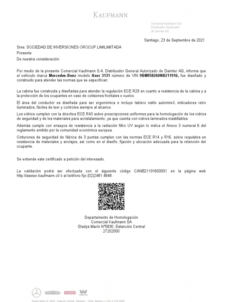 Certificado Cabina ECE R29 | PDF