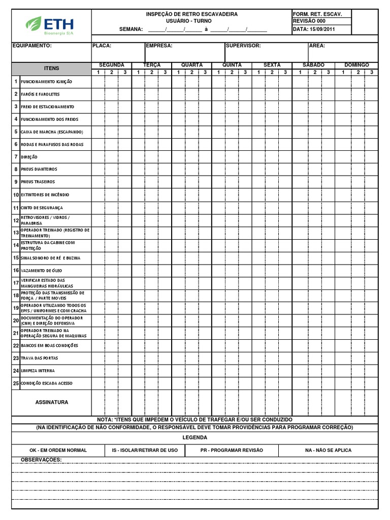 Check List Retro Escavadeira | PDF
