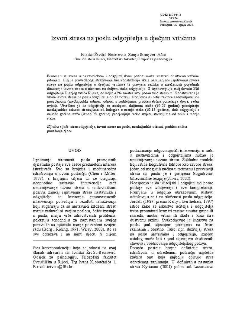 OK Izvori Stresa Na Poslu Odgojitelja U Decjim Vrticima | PDF