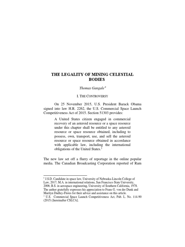 Gangale - The Legality of Mining Celestial Bodies - Rev3B PDF | PDF ...