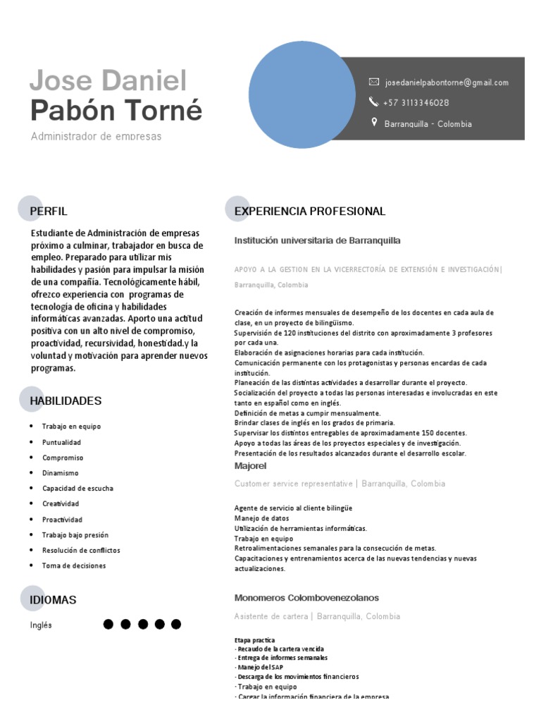 CV Jose Daniel Pabón Torné | PDF | Colombia | Enseñando