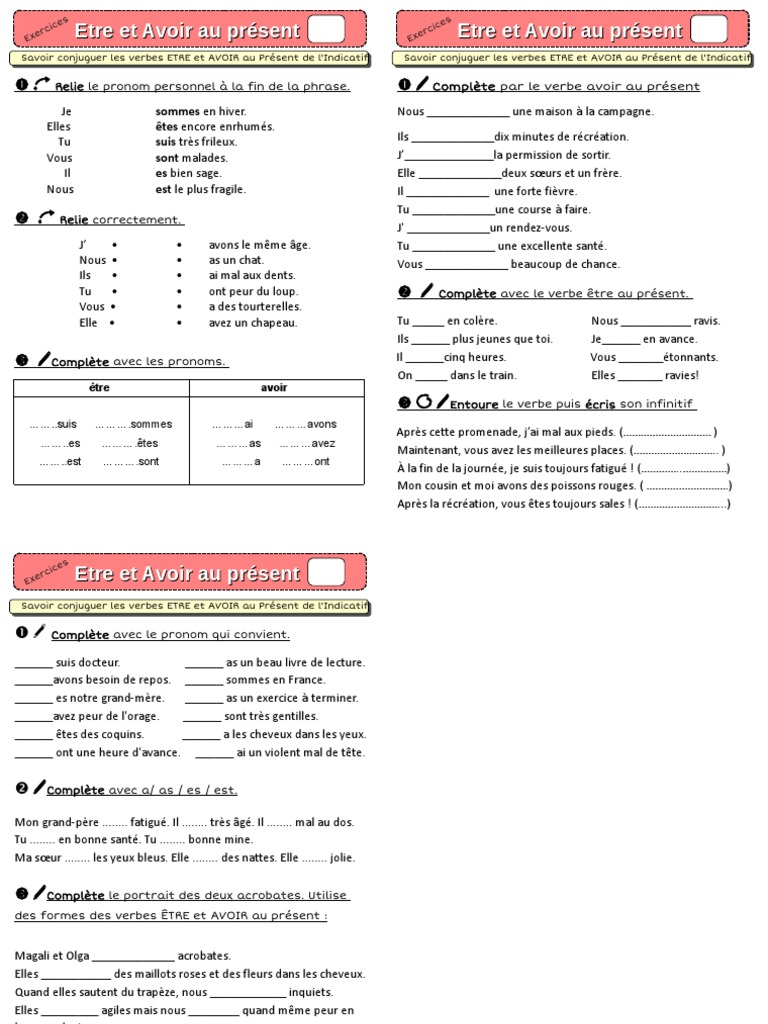 Exercices sur ÊTRE et AVOIR au Présent | PDF | Typologie linguistique ...