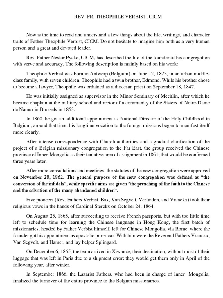 Father Theophile Verbist: CICM Founder | PDF | Religion & Spirituality