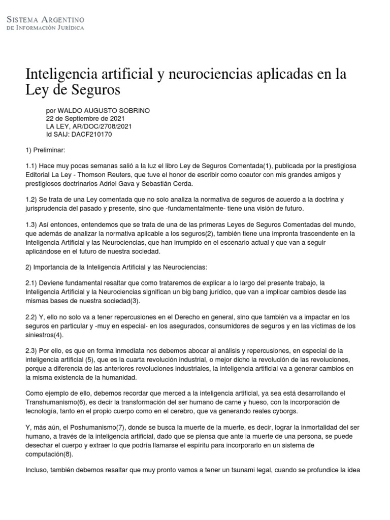 Inteligencia Artificial y Neurociencias Aplicadas en La Ley de Seguros | PDF | Seguro ...