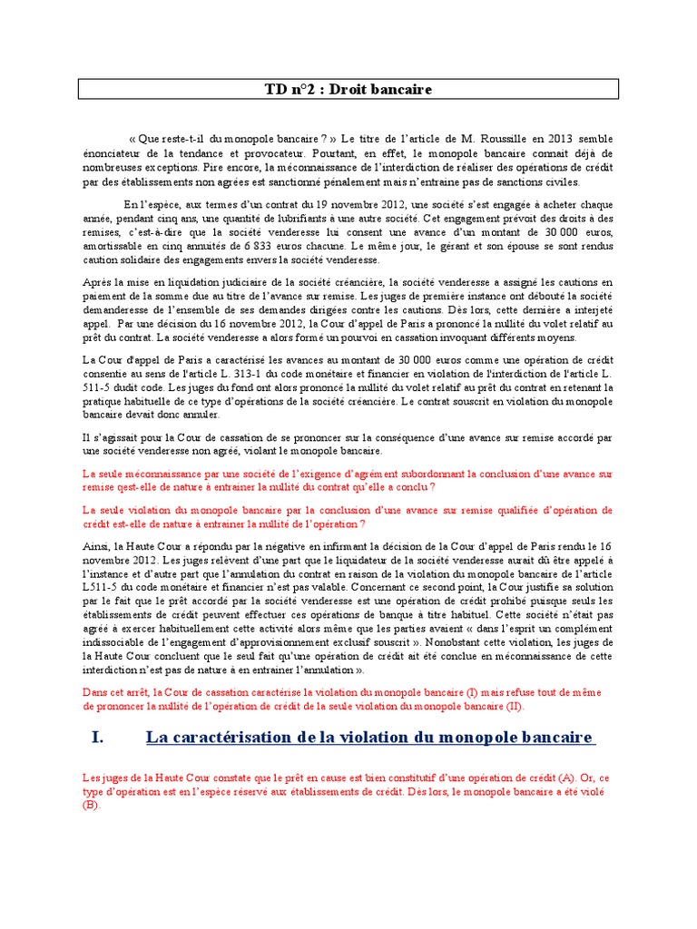 TD 2 Opération de Crédit Et Monopole Bancaire | PDF | Crédit | Finance ...