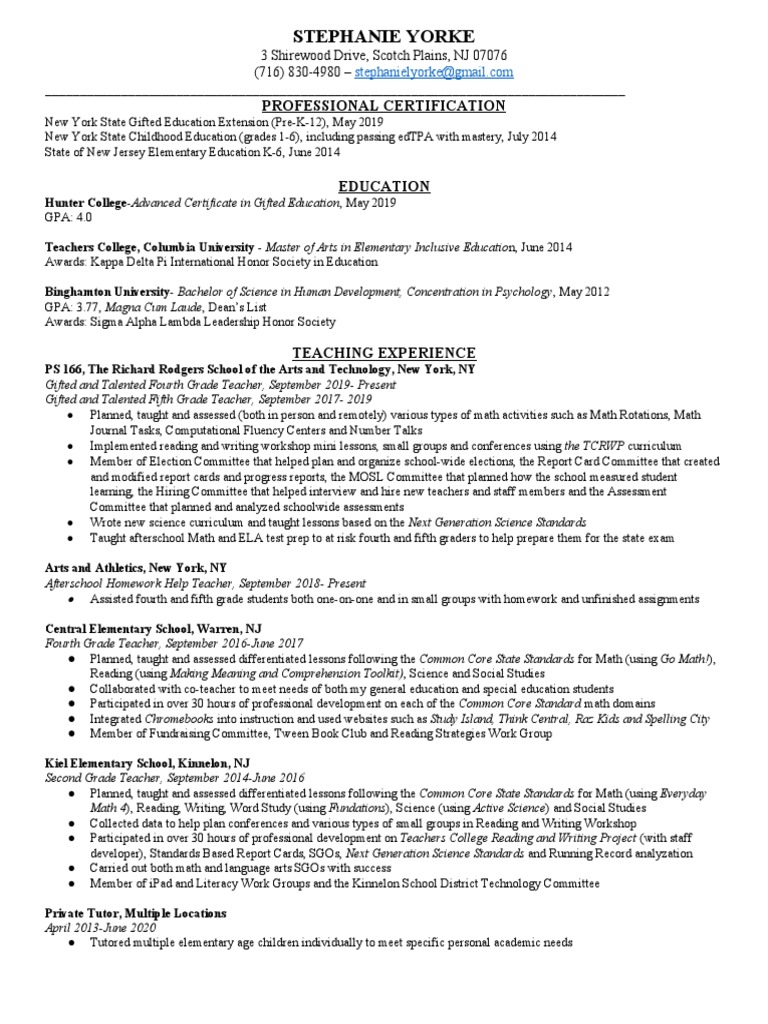Stephanie Yorke Resume | PDF | Gifted Education | Literacy