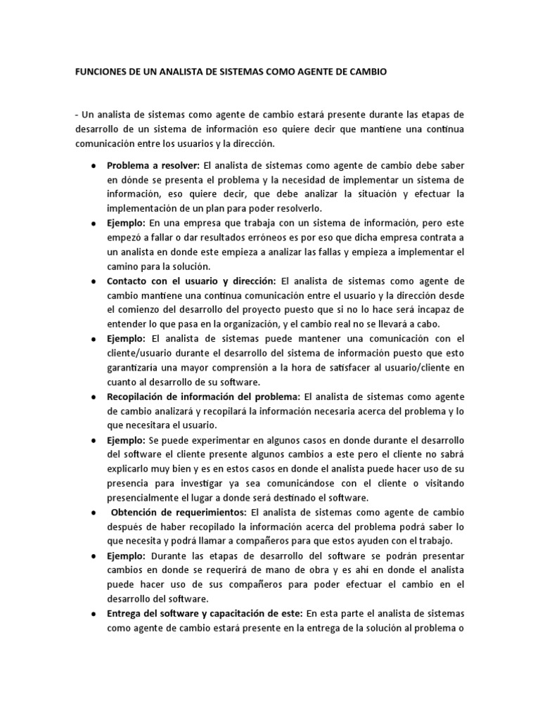 Funciones de Un Analista de Sistemas Como Agente de Cambio | PDF ...