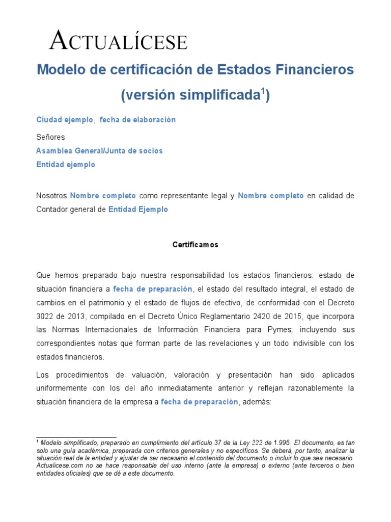 Modelo de Certificacion de Estados Financieros Version Simplificada | PDF | Contabilidad ...