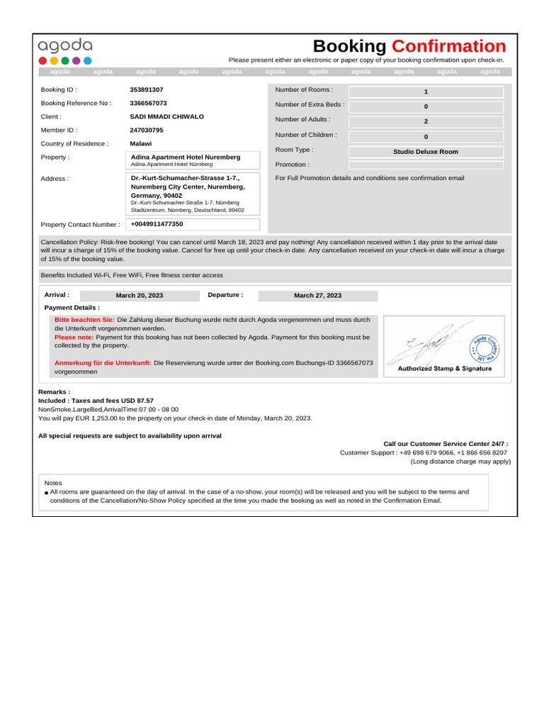Confirmation For Booking ID # 353891307 | PDF