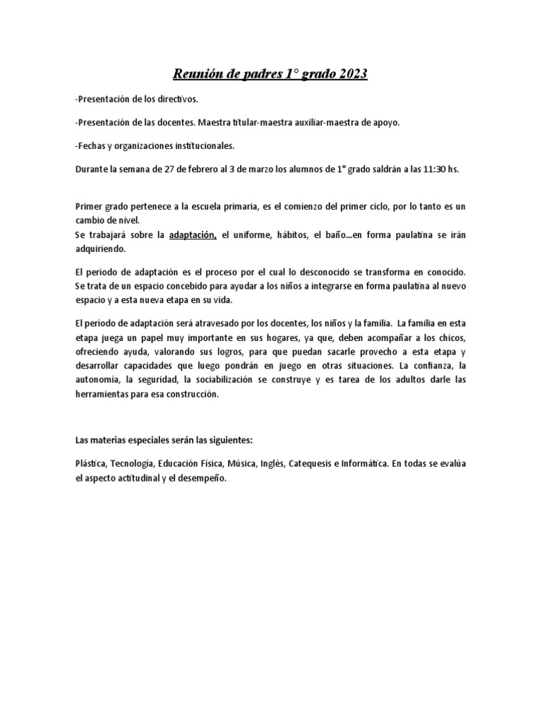 Reunion de Padres 1° Grado 2023 | PDF | Educación primaria | Enseñando