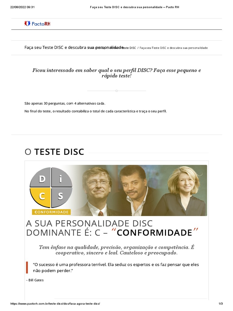 Teste DISC e Descubra Sua Personalidade - Pacto RH | PDF
