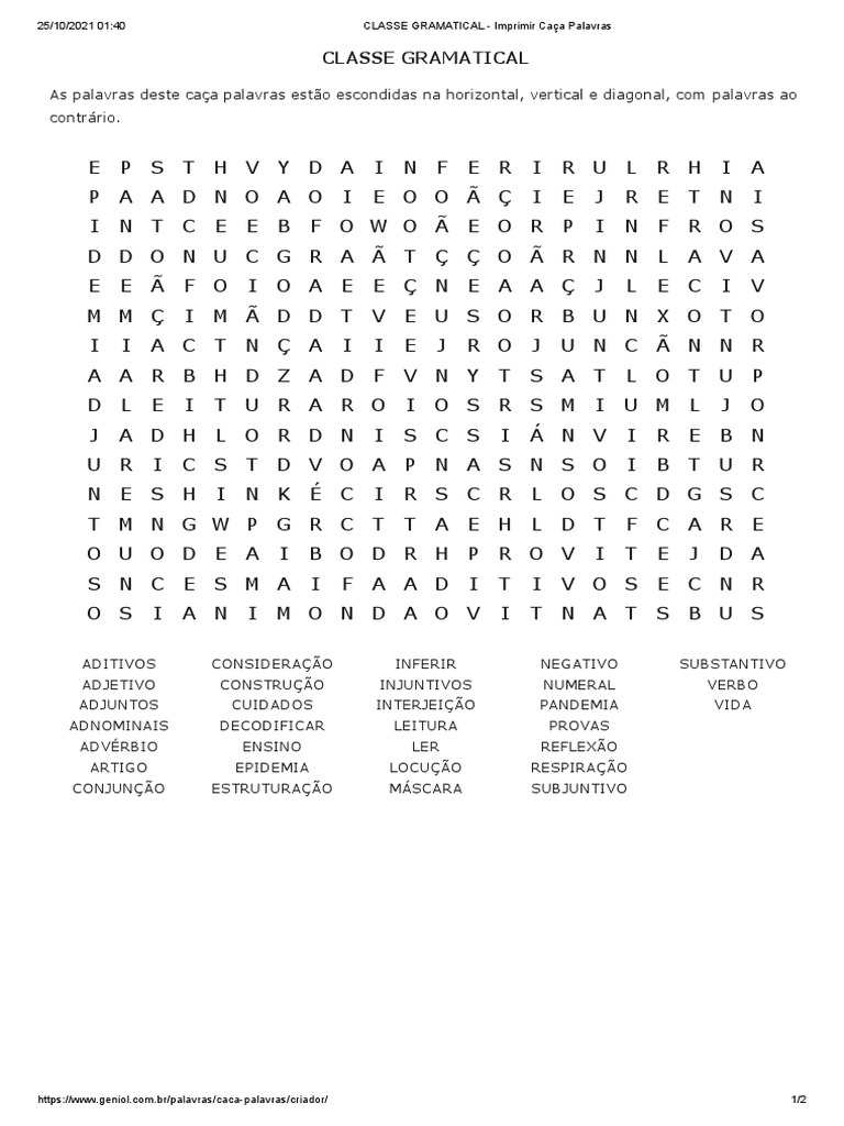 CLASSE GRAMATICAL - Imprimir Caça Palavras | PDF | Lexicologia ...