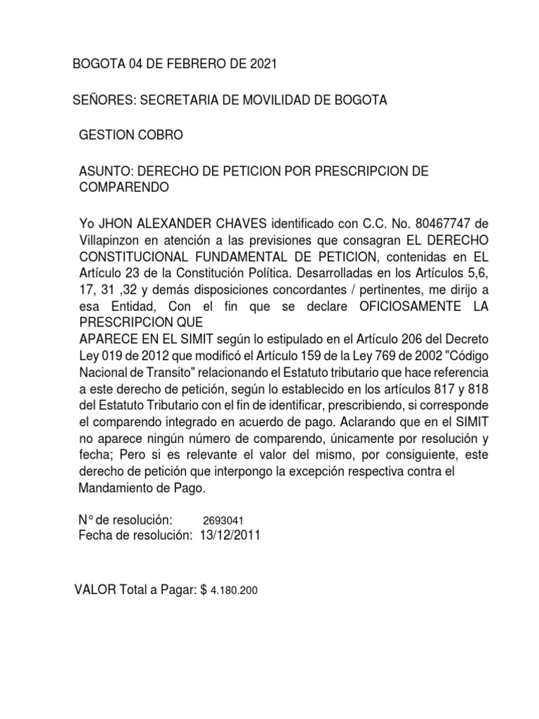 Terminado Derecho de Peticion Acuerdo de Pago Bogota PDF | PDF | Estatuto de limitaciones ...