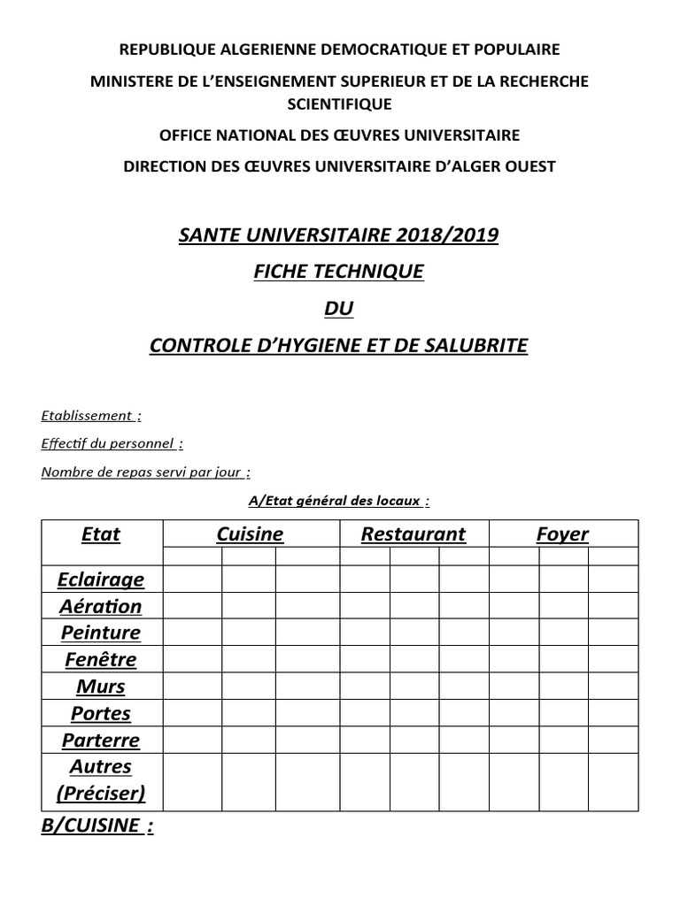 Fiche Technique Du Controle D'hygiene Et Salubrité | PDF | Cuisine | Assainissement