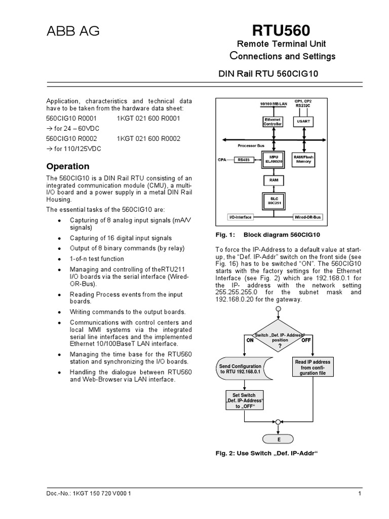 Abb Ag: Remote Terminal Unit Onnections and Settings DIN Rail RTU ...