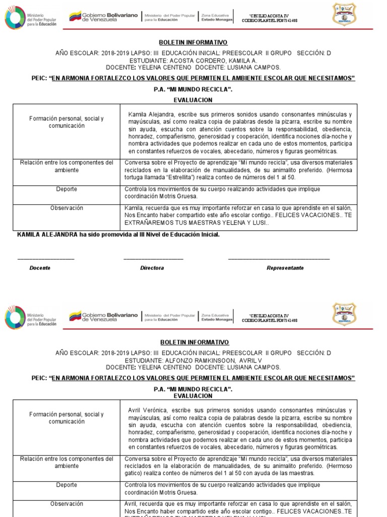 Boletines informativos del nivel preescolar del colegio Cecilio Acosta ...