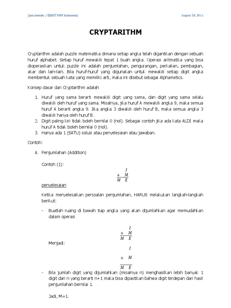 Pengenalan dan Contoh Cryptarithm | PDF
