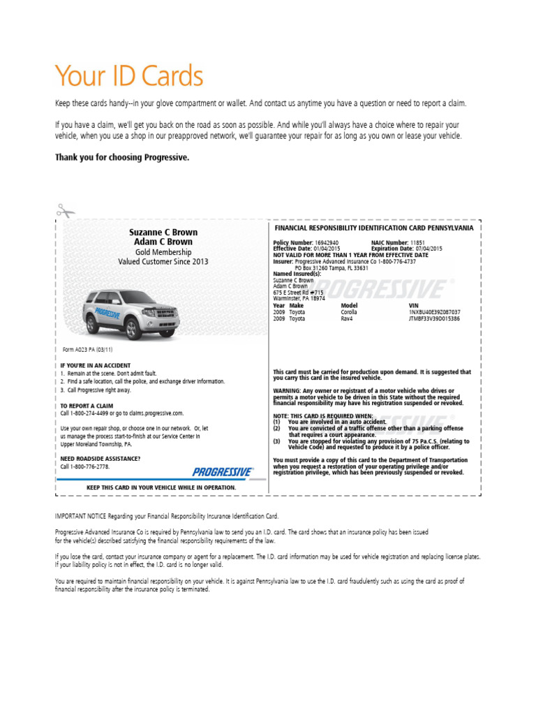 Pennsylvania Progressive Insurance Card | PDF | Identity Document ...