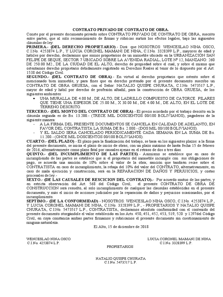 Contrato de Obra y Construccion | PDF | Documentos legales | Derecho ...
