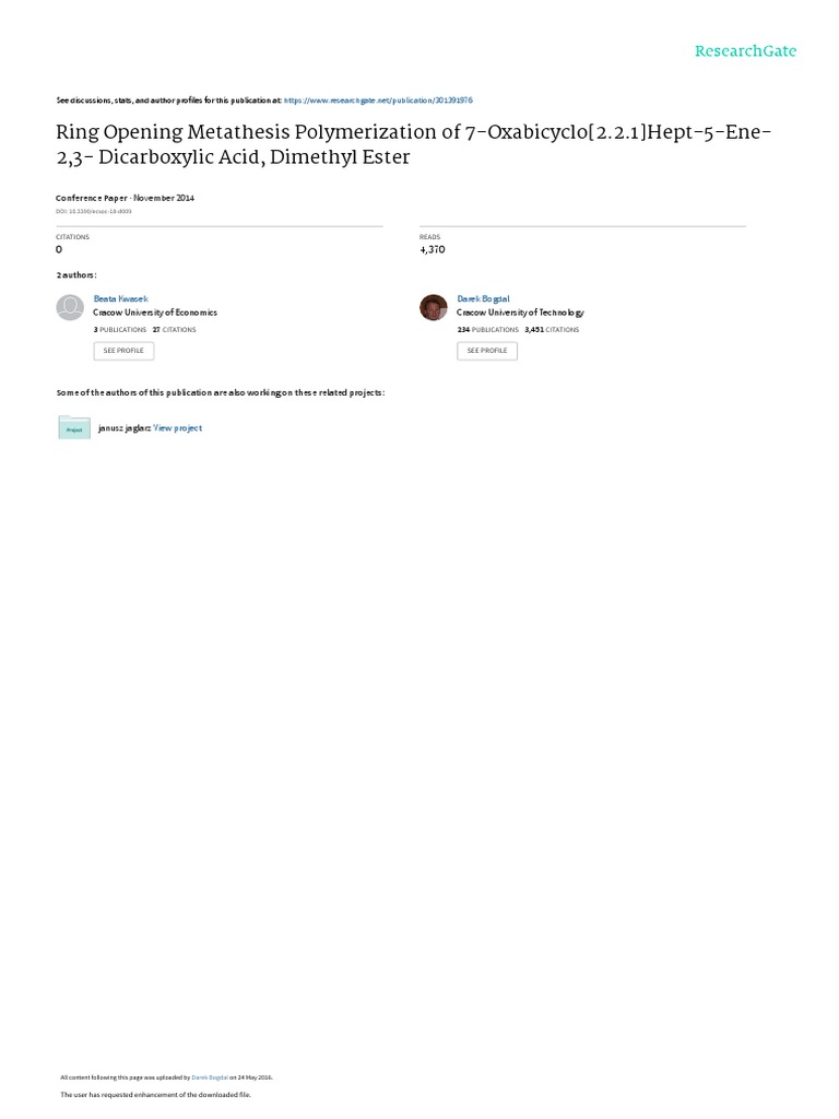 Ring Opening Metathesis Polymerization Of 7 Oxabic Pdf Pdf Ester Tetrahydrofuran
