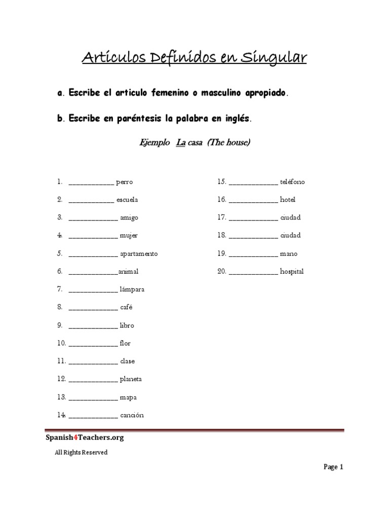 Spanish Worksheet Masculine and Feminine Definite Articles Articulos ...