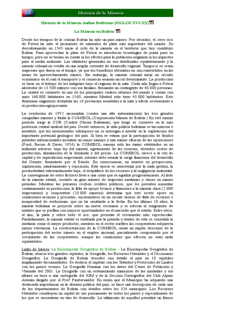 Historia de La Minería en Bolivia PDF | Descargar gratis PDF | Minería | Bolivia