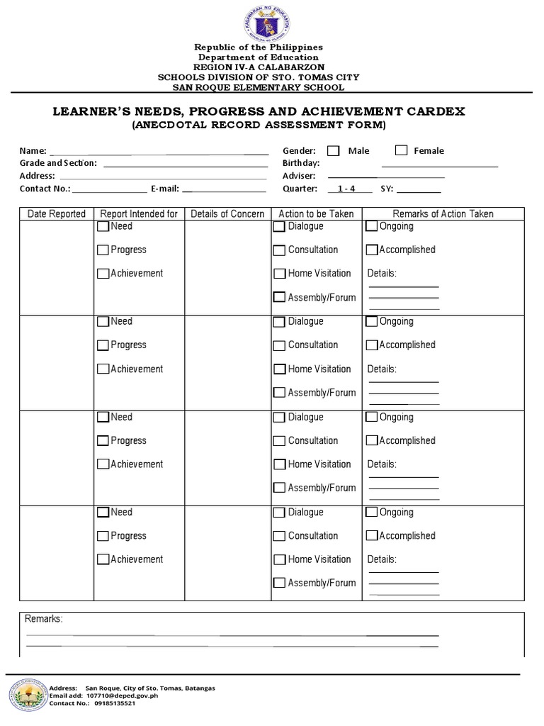Anecdotal Assessment Form | PDF