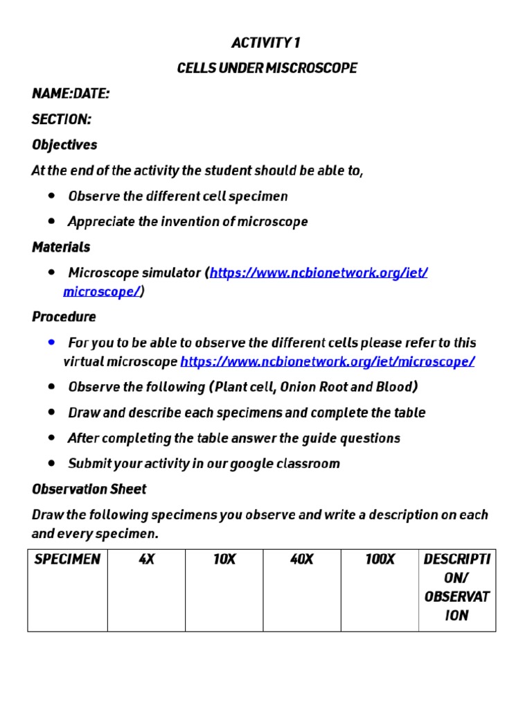 Activity 1 - Cells Under Microscope | PDF