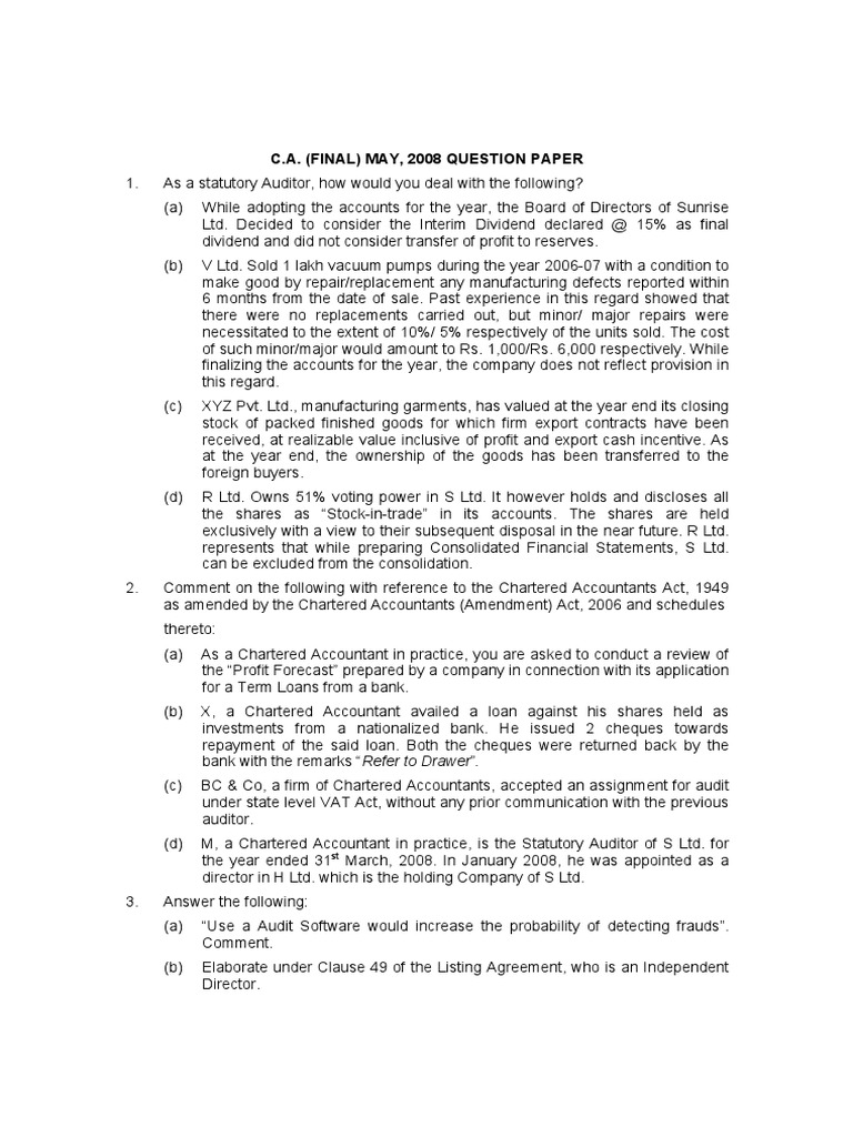 Final Auditing Question Paper - May - 2008 | PDF | Payments | Price ...