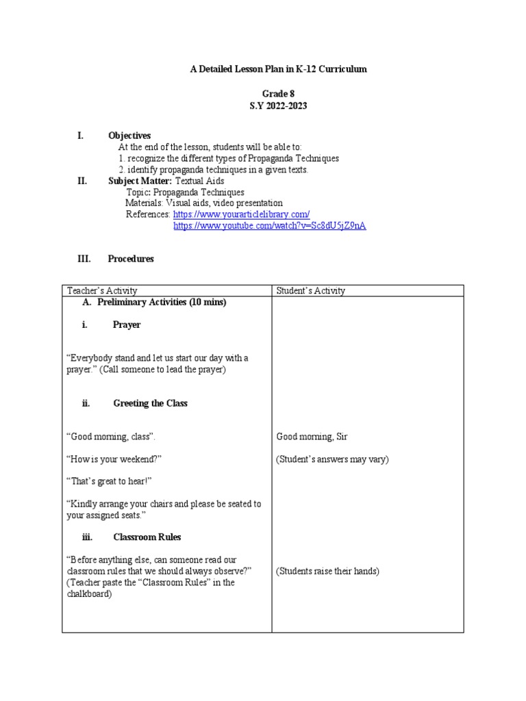 Grade 8 Lesson Plan: Propaganda Techniques | PDF | Propaganda | Lesson Plan