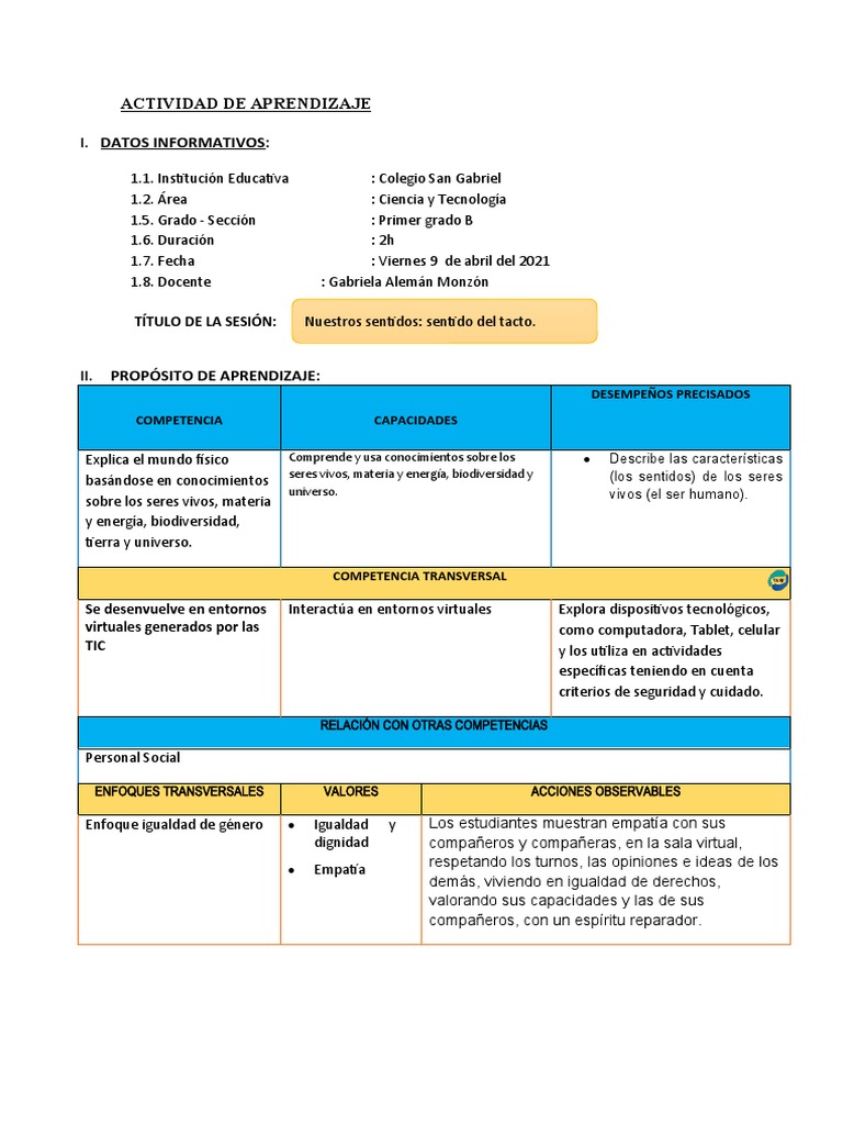SESION DE APRENDIZAJE Sentido Del Tacto | PDF | Aprendizaje | Ciencia cognitiva