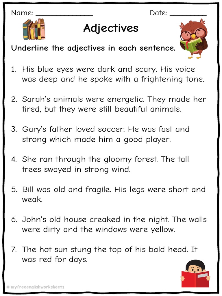 Identifying Descriptive Words: A Worksheet for Underlining Adjectives ...