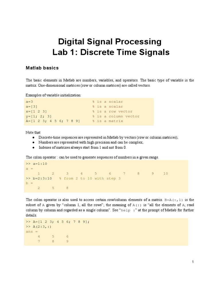 DSP Lab 1 PDF | Download Free PDF | Matrix (Mathematics) | Matlab
