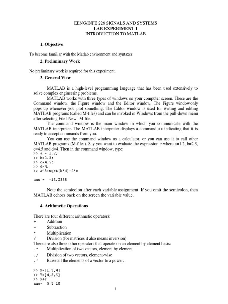 EENG226 Lab1 PDF | PDF | Matrix (Mathematics) | Matlab