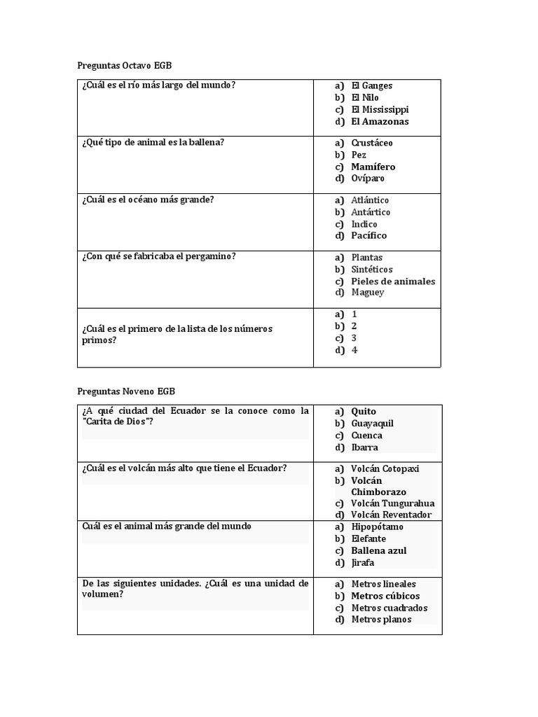 Preguntas Octavo EGB | PDF | Ecuador