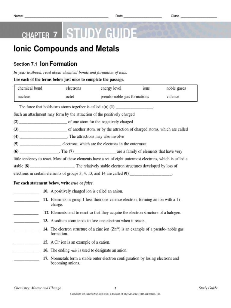 Study Guide Ionic Compounds and Metals Student Editable PDF | PDF | Ion ...