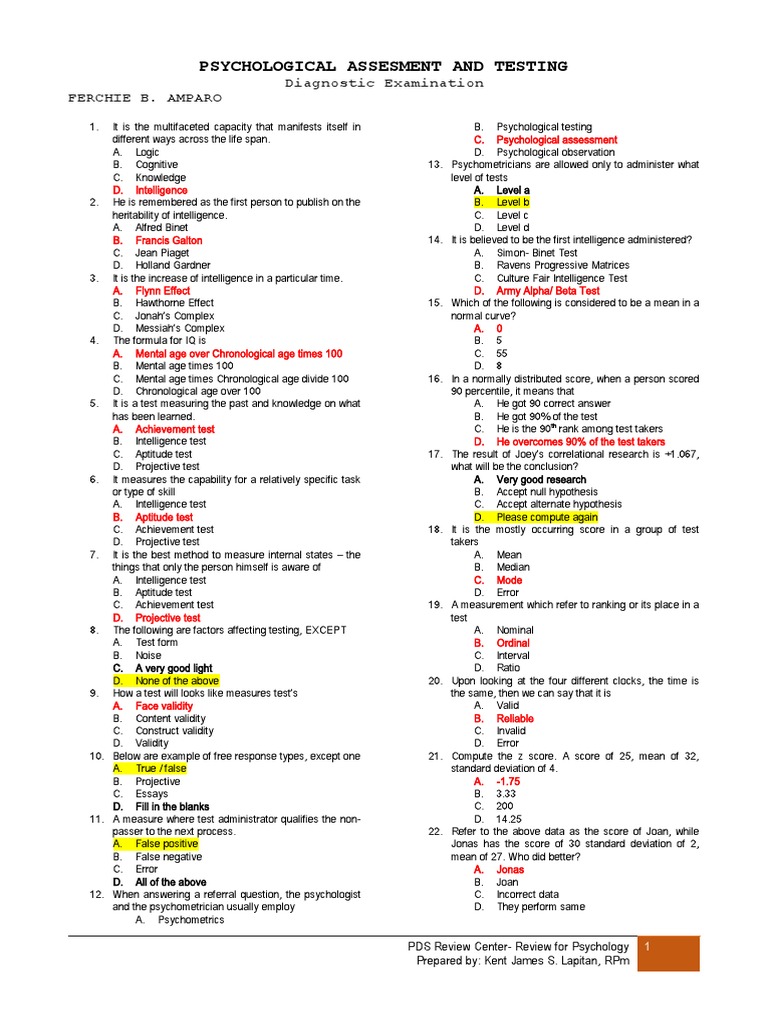 Amparo Psych Assessment Answer Sheet 2023 | PDF | Psychometrics | Level ...