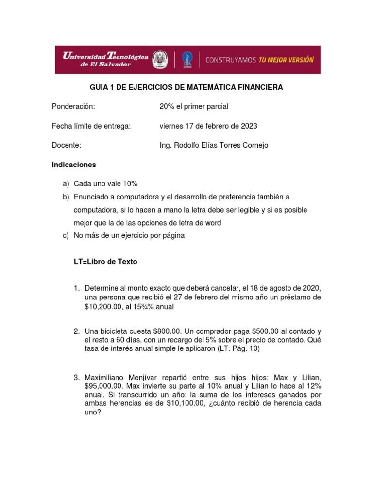 Guía 1 de Ejercicios Matemática Financiera | PDF | Interés | Dinero