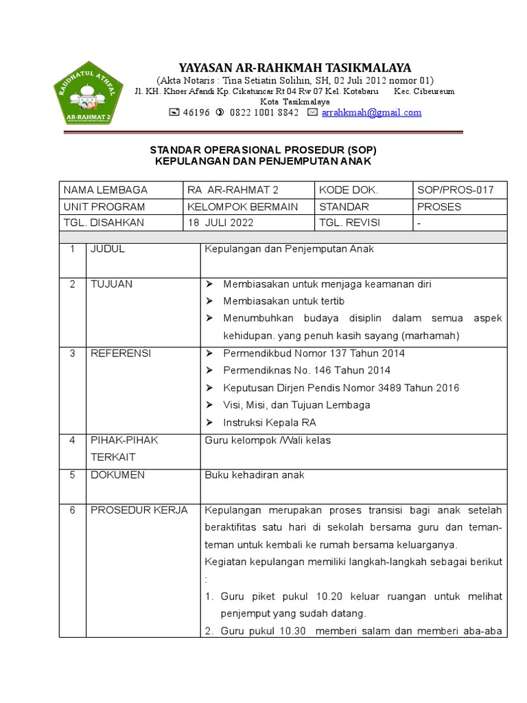17 Sop Penjemputan Anak | PDF