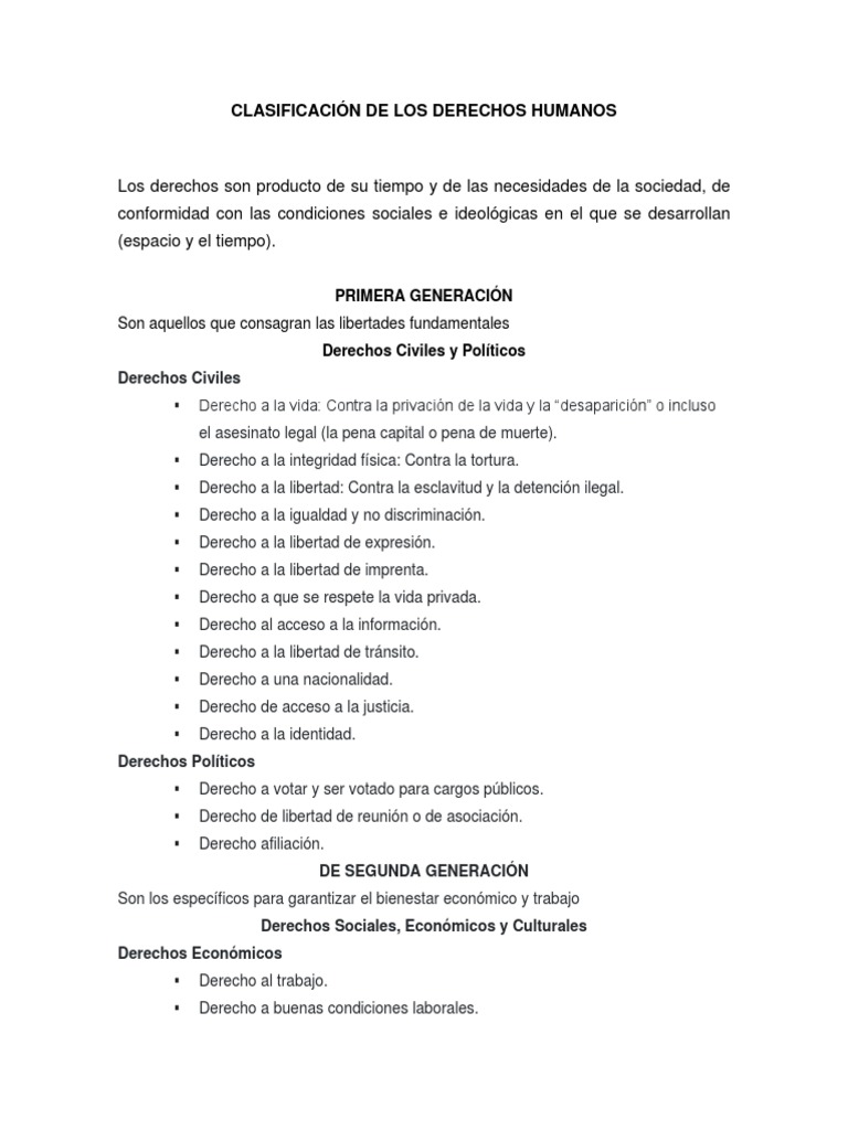 Clasificación de Los Derechos Humanos | PDF | Derechos civiles y politicos | Derechos