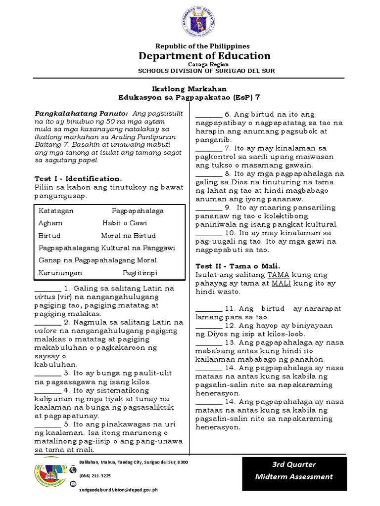 EsP 7 Q3 MidTerm Exam | PDF