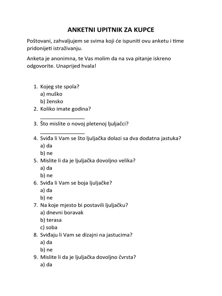 Anketni Upitnik Za Kupce | PDF