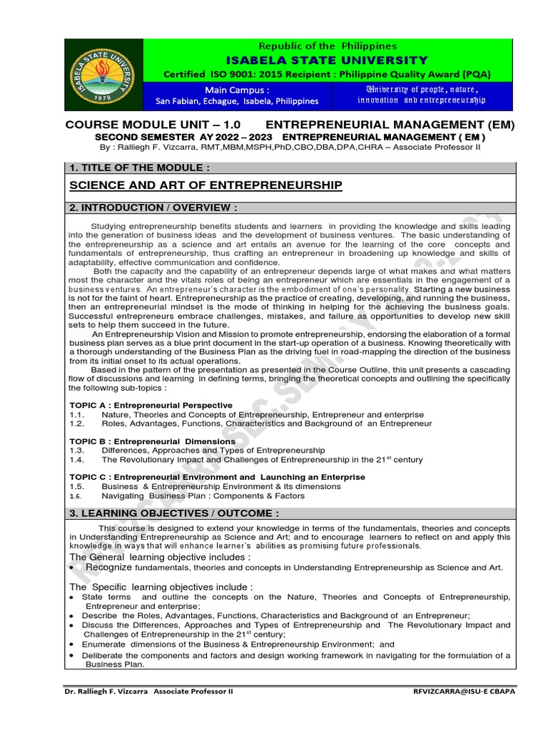 Academic Module 1.0 Entrep. Management Sec - Sem. Ay 2022 2023 | PDF ...