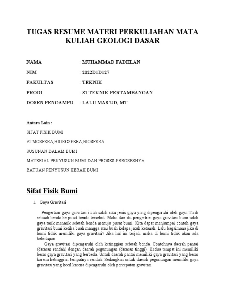 Tugas Resume Materi Perkuliahan Mata Kuliah Geologi Dasar | PDF