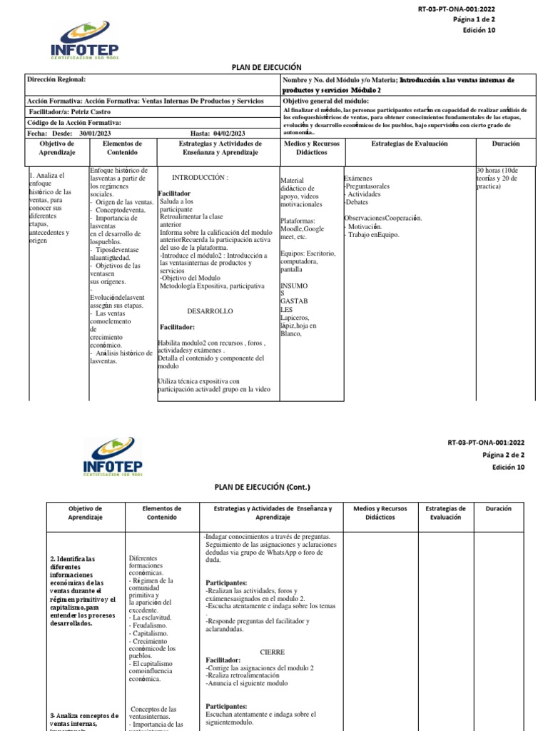 1b Plan de Ejec. Mod. 2 v10 | PDF | Aprendizaje | Enseñando