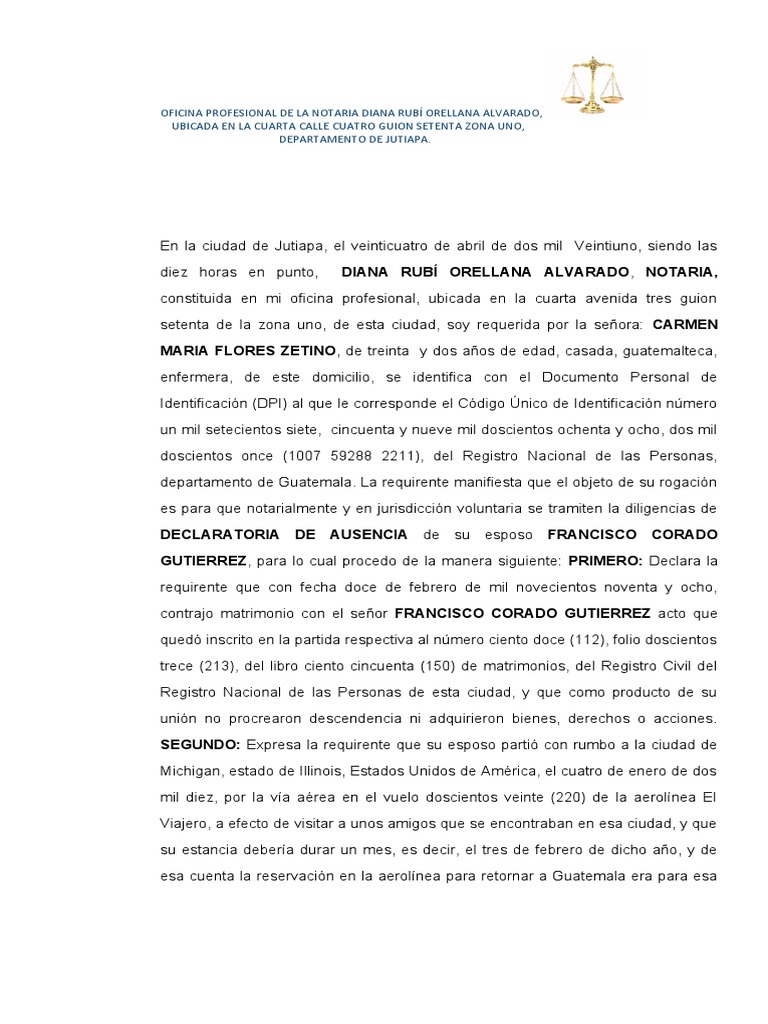 Acta Notarial de Requerimiento de Declaratoria de Ausencia | PDF | Guatemala | Justicia