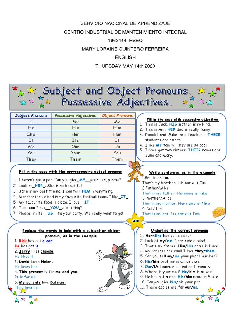 HSEQ Subject-And-Object-Pronouns-Possessive-Adjectives PDF | PDF ...