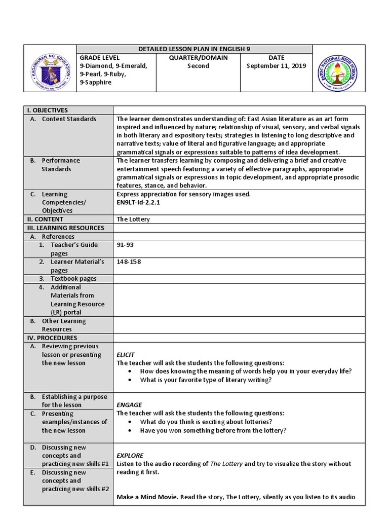 Detailed Lesson Plan in English 9 Grade Level Quarter/Domain Date | PDF ...