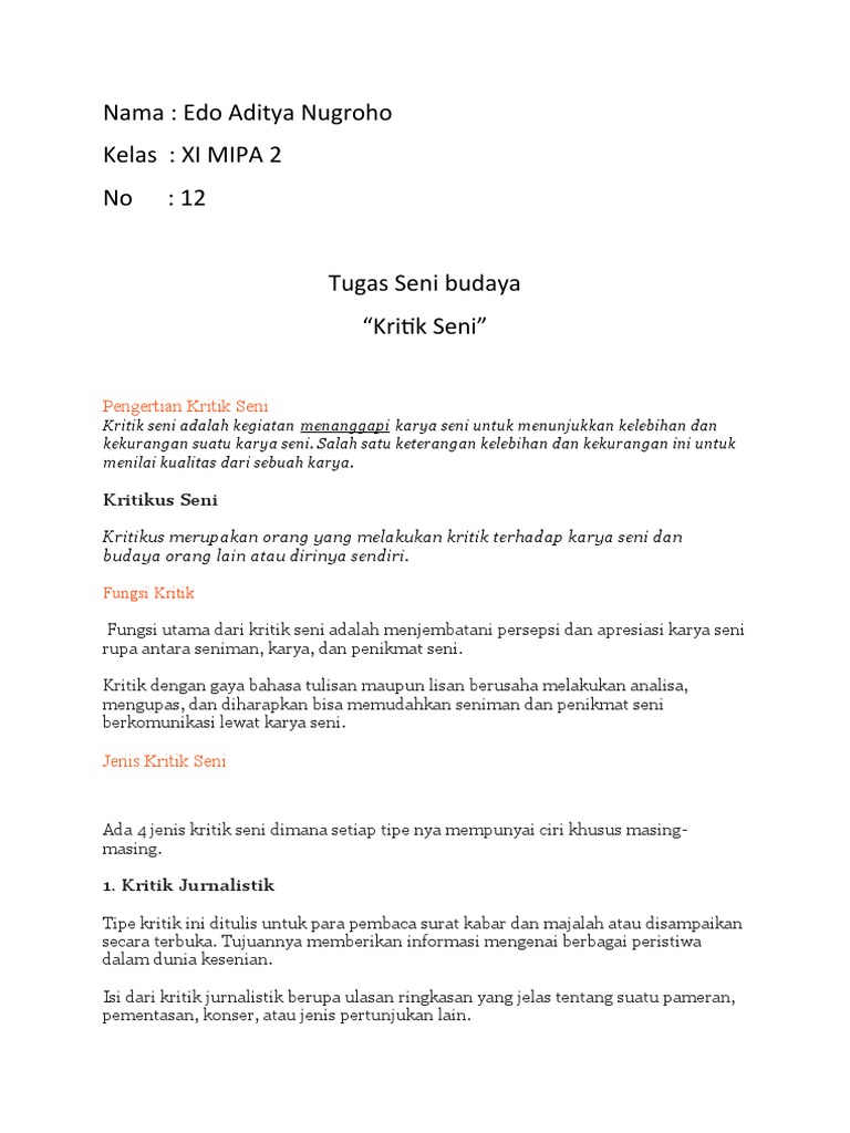 Nama: Edo Aditya Nugroho Kelas: XI MIPA 2 No: 12 Tugas Seni Budaya "Kritik Seni" | PDF | Ilmu Sosial