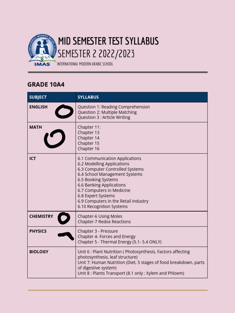 10a4 Mid Sem2 Test Syllabus | PDF